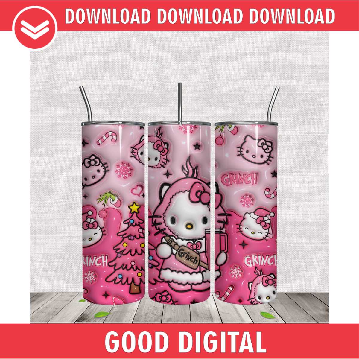 3D Pink Grinchmas Tree Kitty Skinny Tumbler Wrap PNG | Inspire Uplift