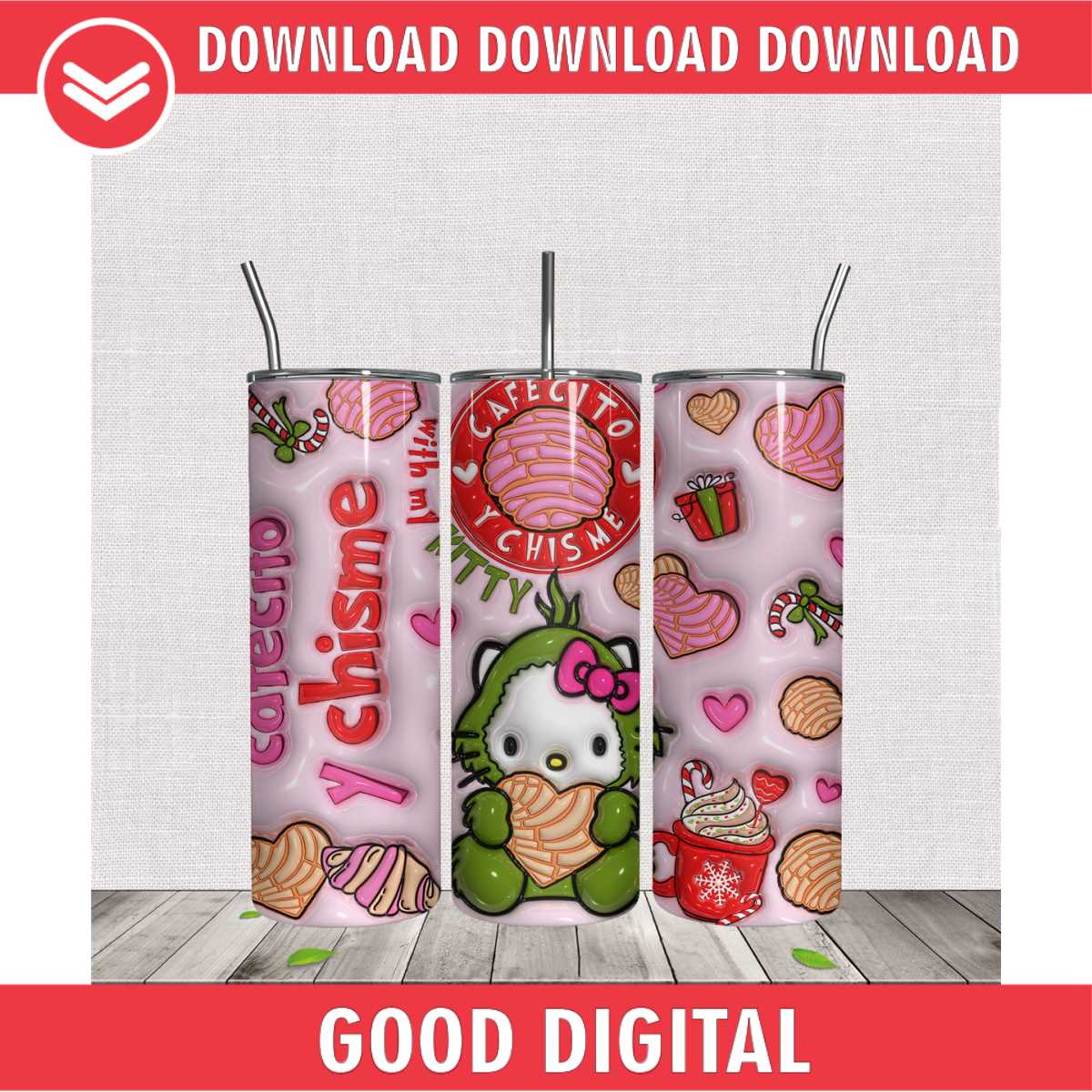 3D Cafecito Y Chisme Kitty Grinchmas Tumbler Wrap PNG | Inspire Uplift