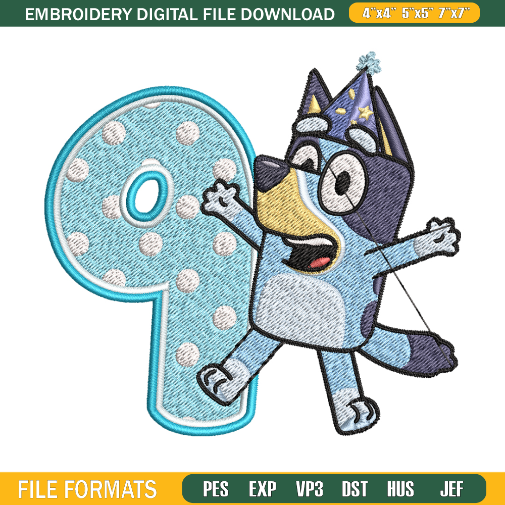 Bluey 9th Birthday Embroidery design, Bluey Cartoon Embroide - Inspire ...