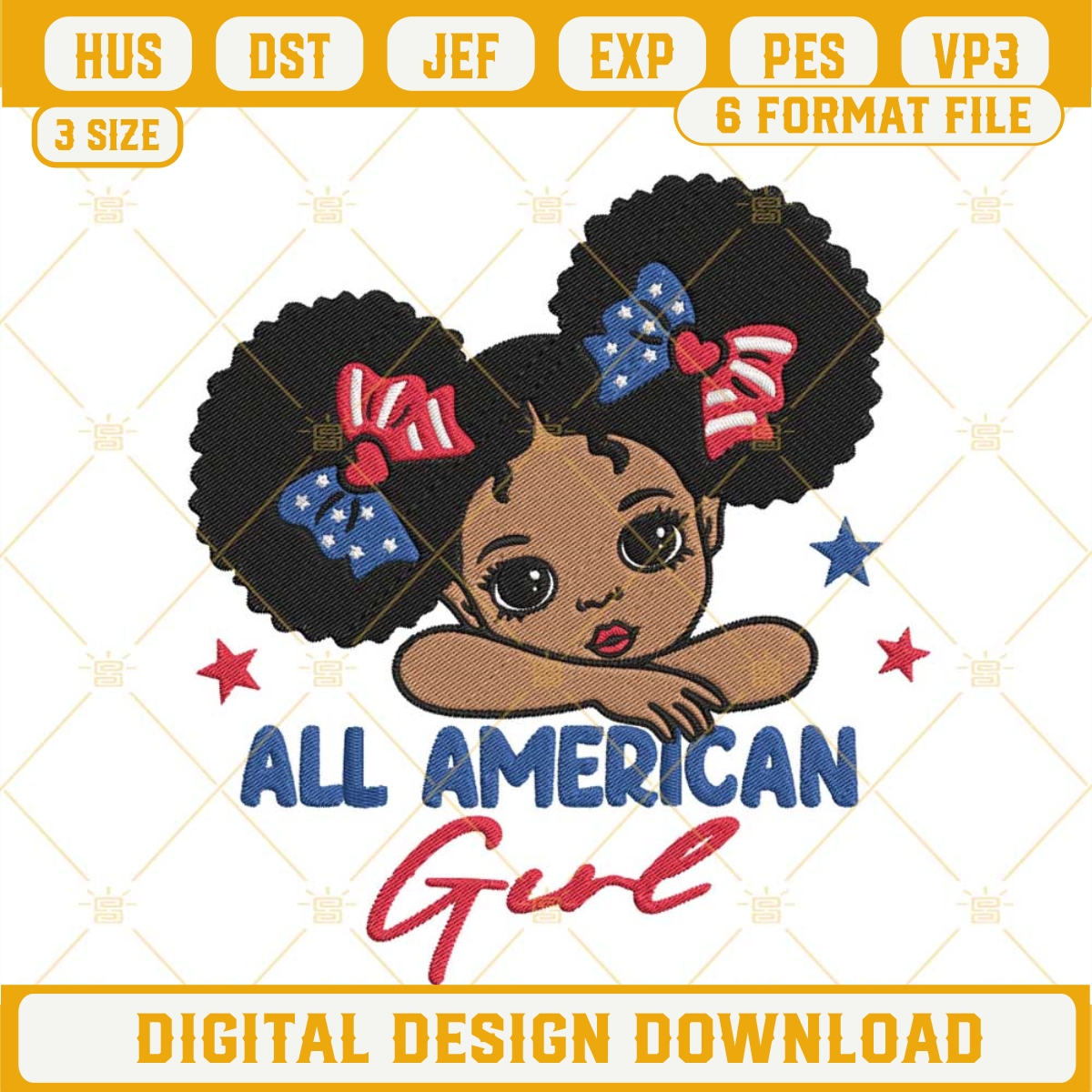 All American Black Girl Embroidery Design, Independence Day | Inspire ...