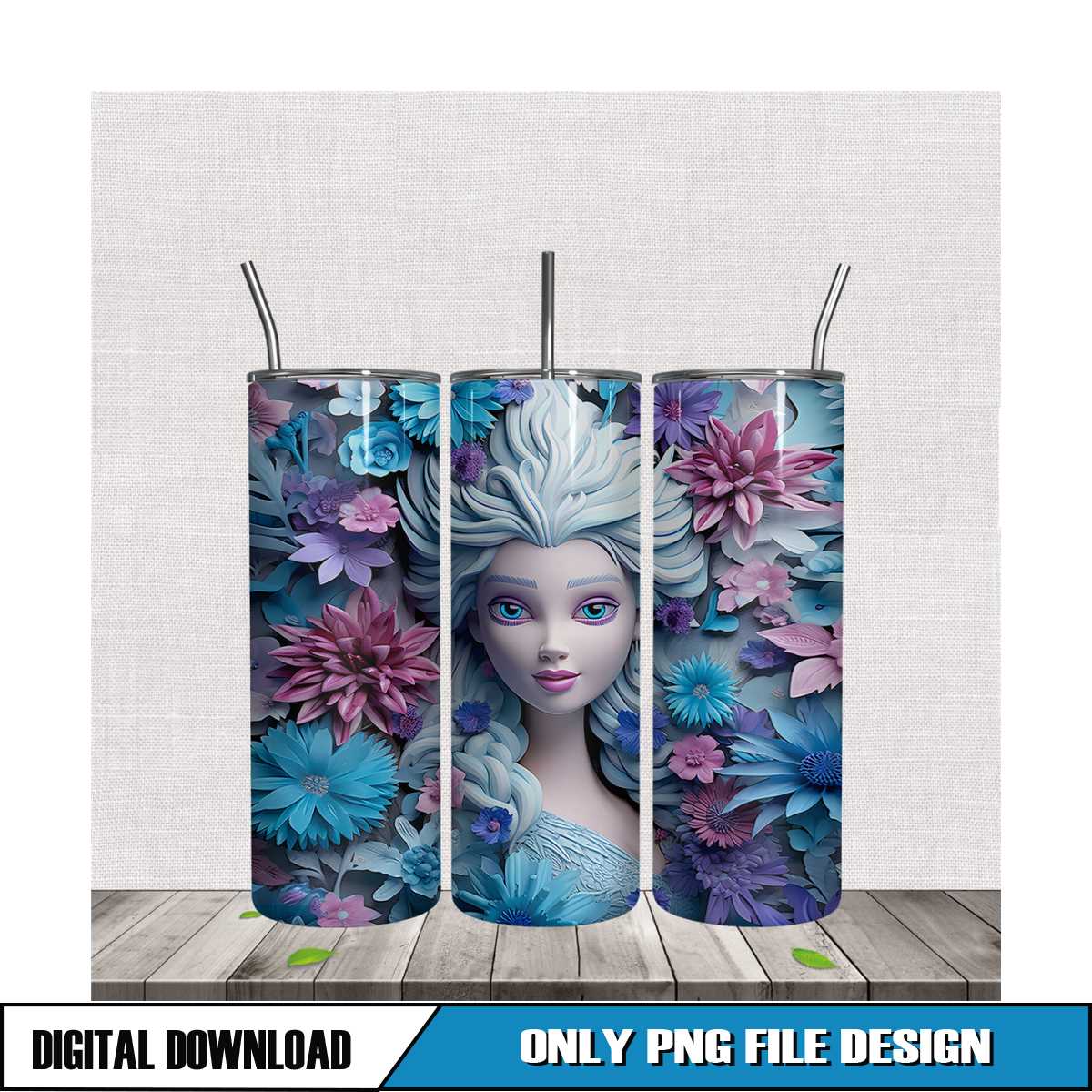 3D Princess Snow Queen Flower Tumbler Wrap PNG | Inspire Uplift