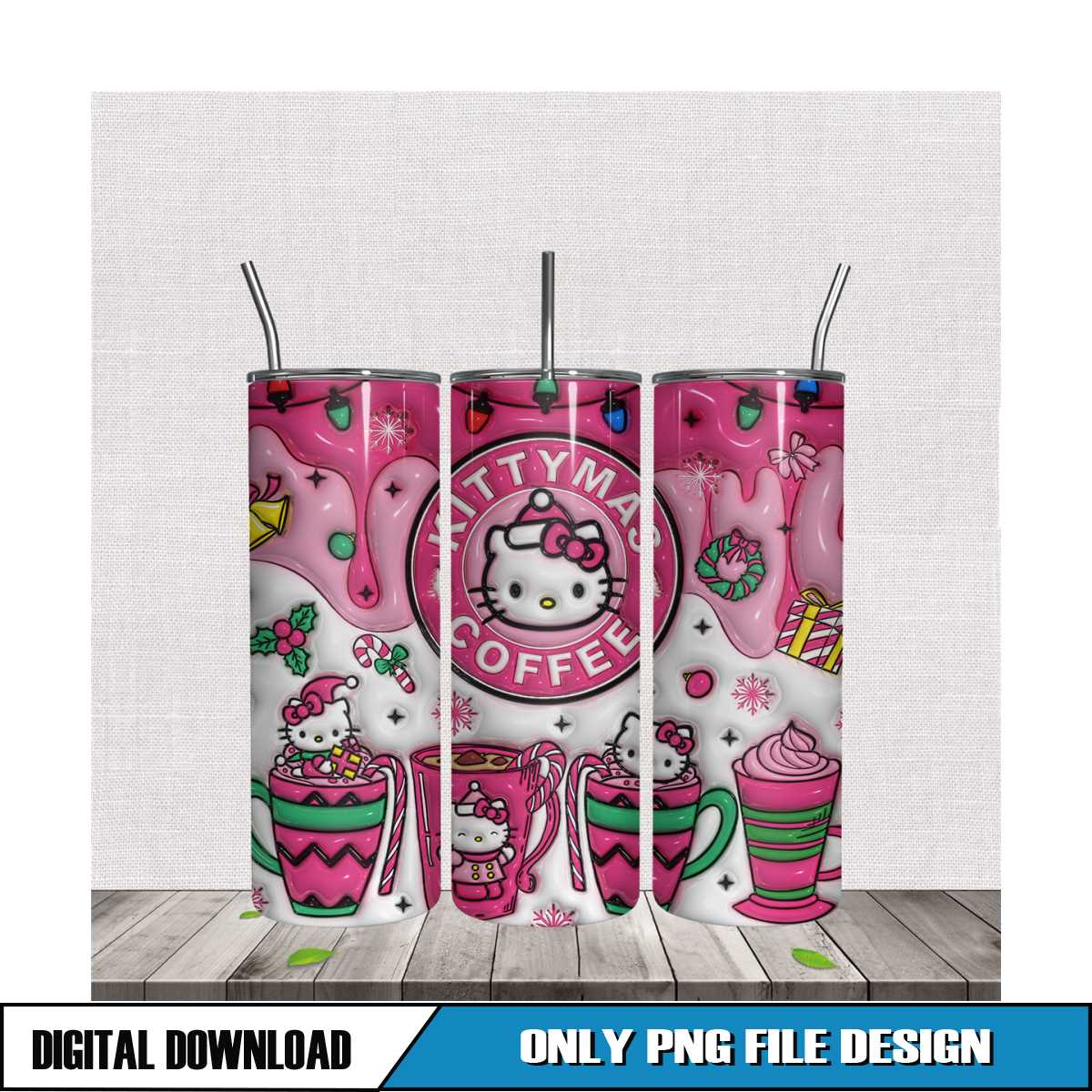3D Inflated Kitty Christmas Coffee Tumbler Wrap PNG | Inspire Uplift