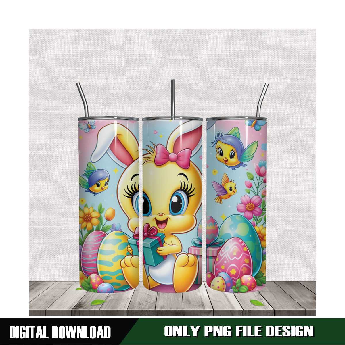 Cute Bunny Tweety Bird Happy Easter Tumbler Wrap PNG | Inspire Uplift