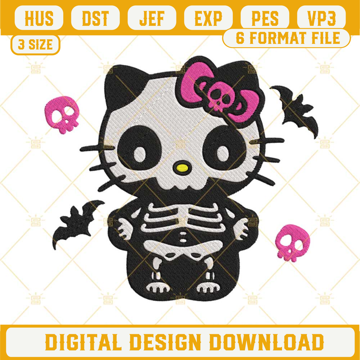 Hello Kitty Skeleton Halloween Embroidery Design Files | Inspire Uplift
