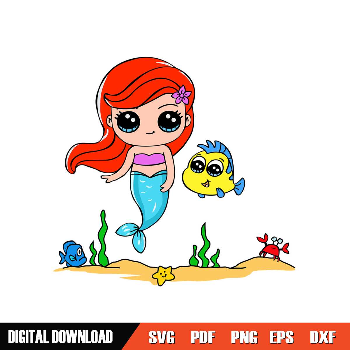 Cute Chibi Little Mermaid Ariel Flounder Fish SVG | Inspire Uplift