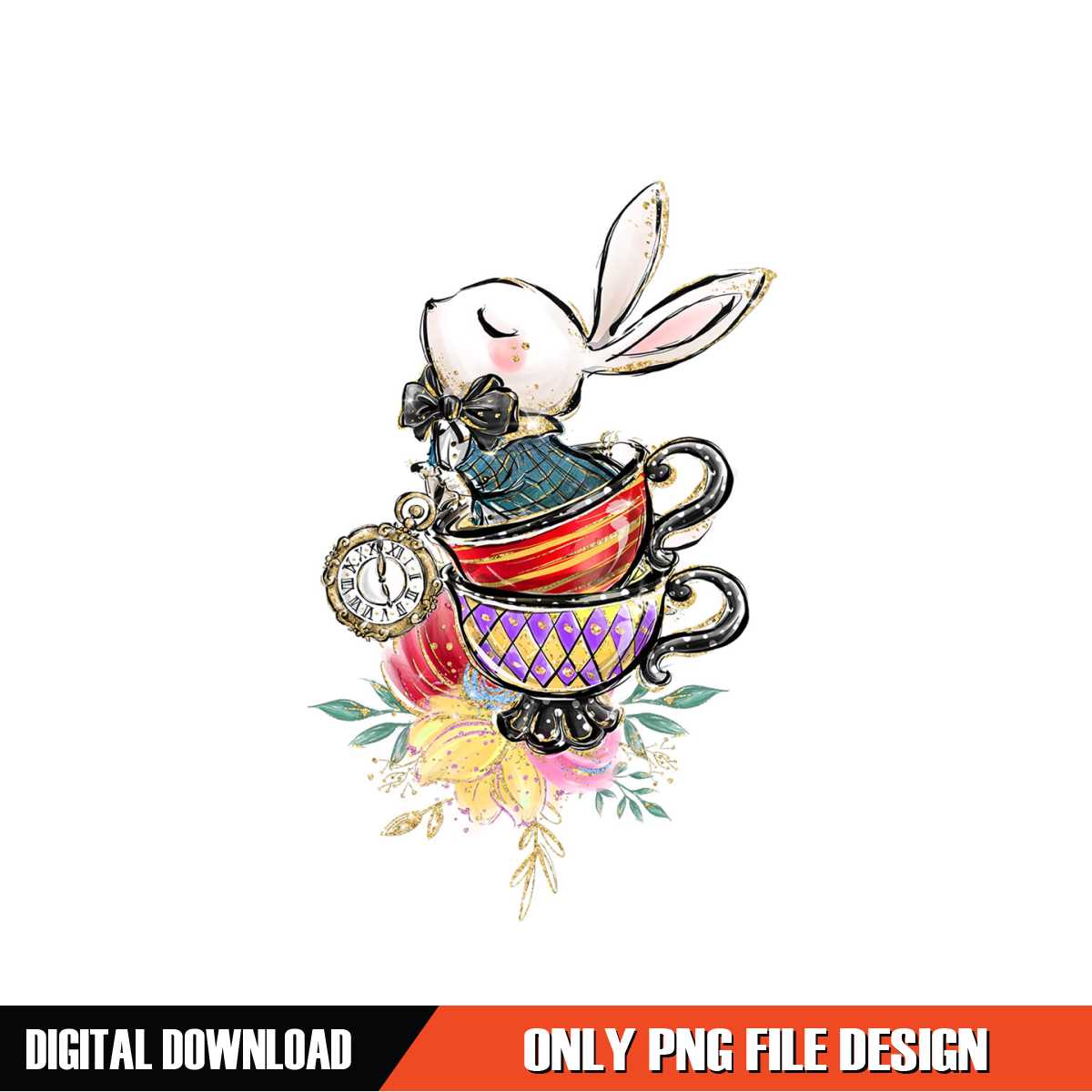 Mr. White Rabbit Clock Tea Time Wonderland Characters PNG | Inspire Uplift