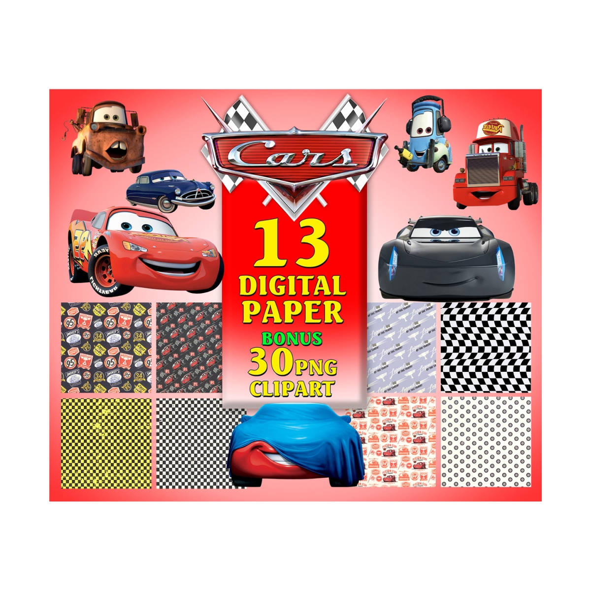 13 Cars Digital Paper Clipart, Lightning McQueen Cars Printa | Inspire ...