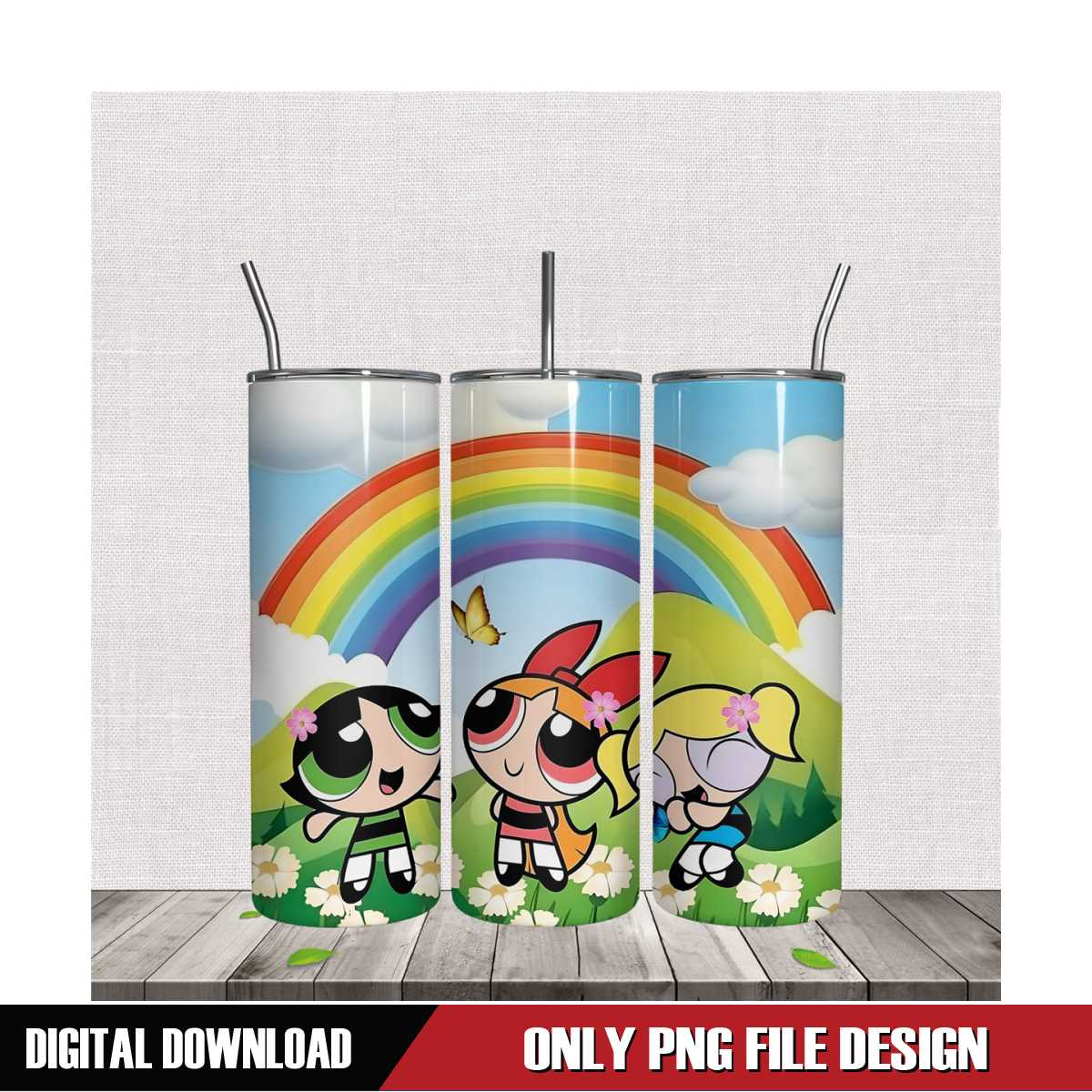 Powerpuff Girls Rainbow 20oz Skinny Tumbler PNG | Inspire Uplift