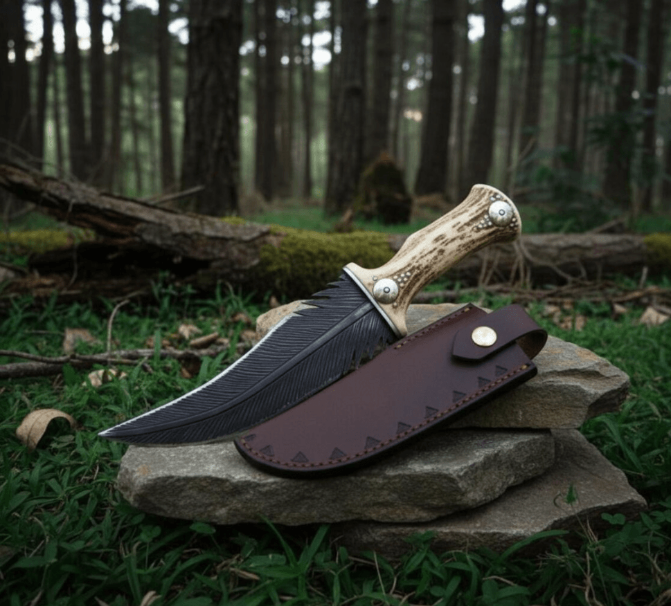 Hand-Forged Feather Blade Knife with Stag Horn Handle | Inspire Uplift