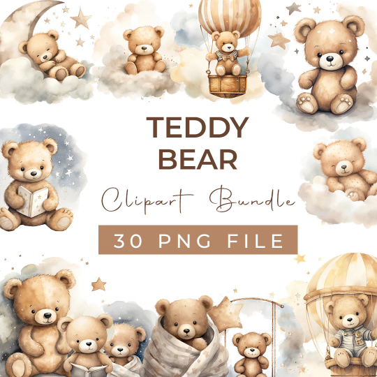 Watercolor Teddy Bear Clipart Bundle Baby Shower for a boy C | Inspire ...