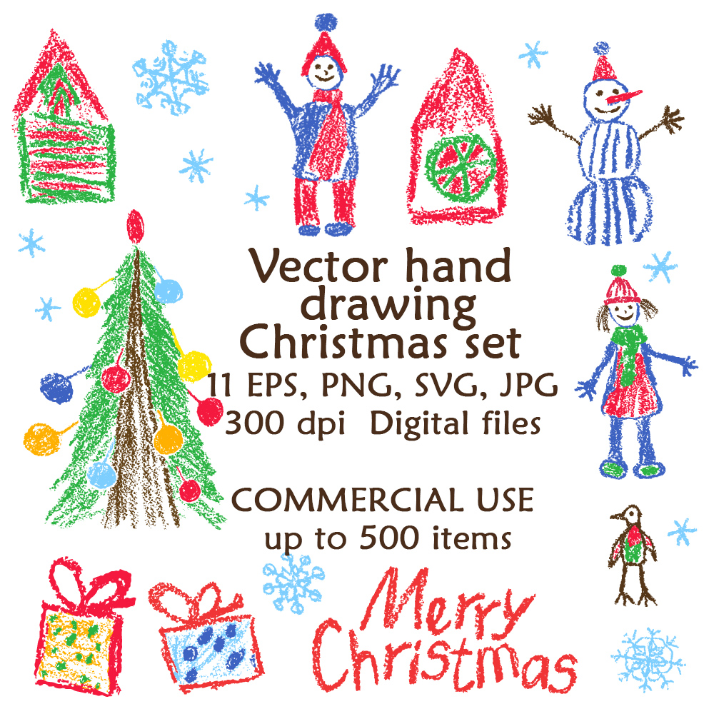 Child hand drawn Christmas clip art crayon, pencil. Tree, ki | Inspire ...