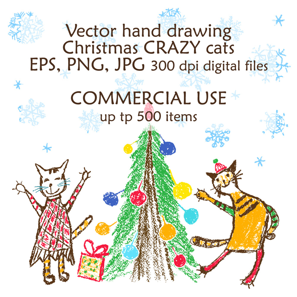Christmas scene Kids hand drawn crayon, pencil art Cats girl | Inspire ...
