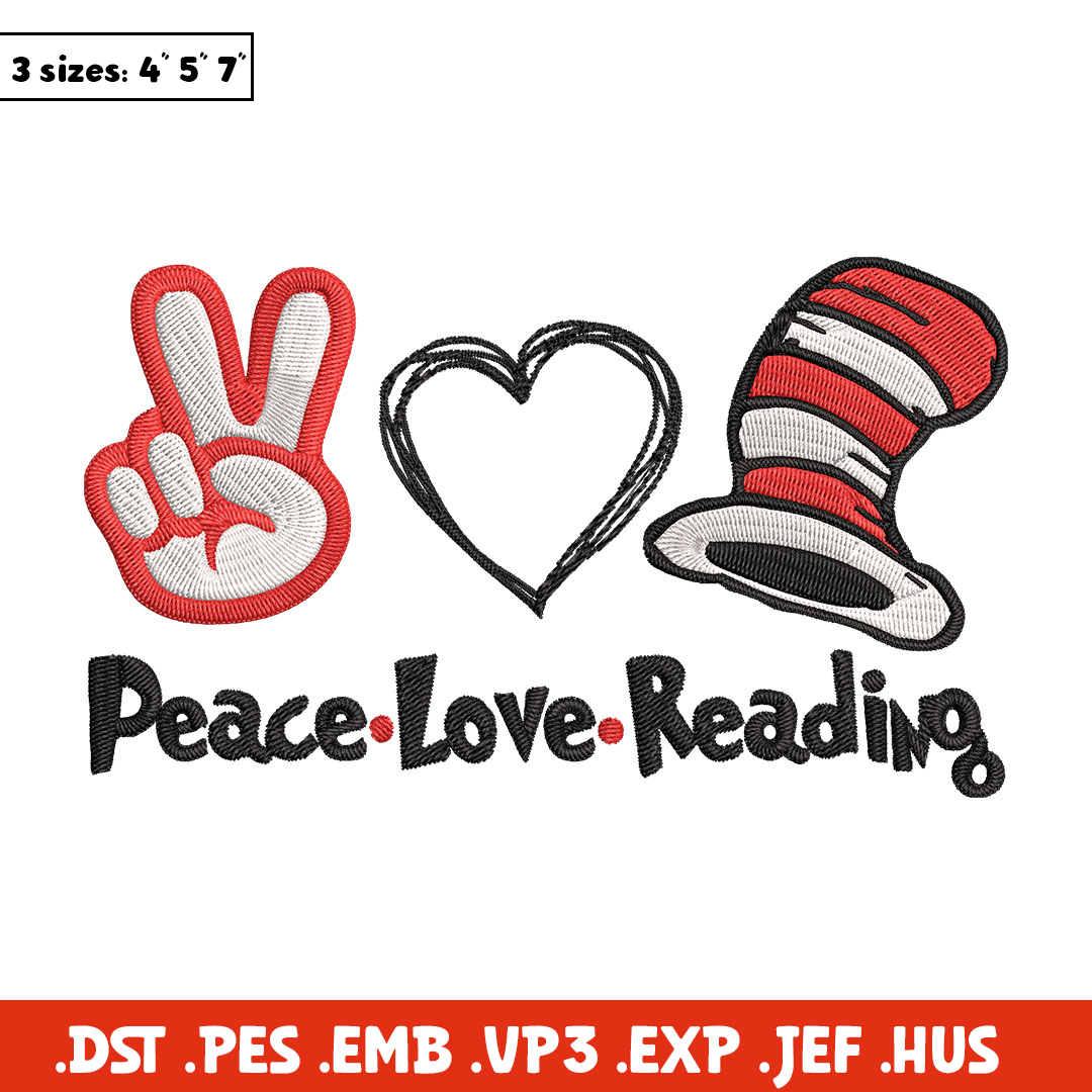 Peace Love Reading Dr seuss Embroidery Design, Dr seuss Embr | Inspire ...