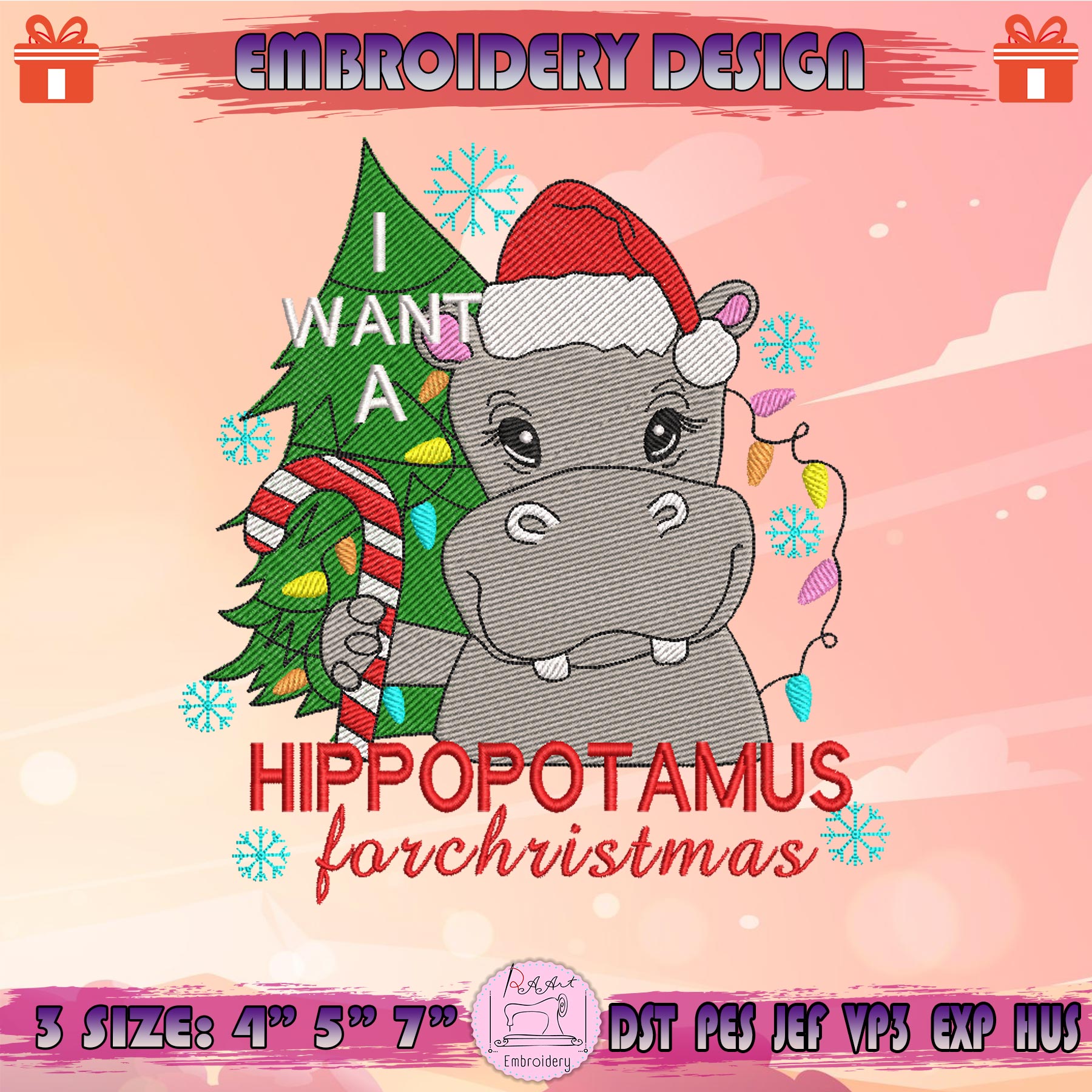 I Want A Hippopotamus For Christmas Embroidery Design, Chris - Inspire ...