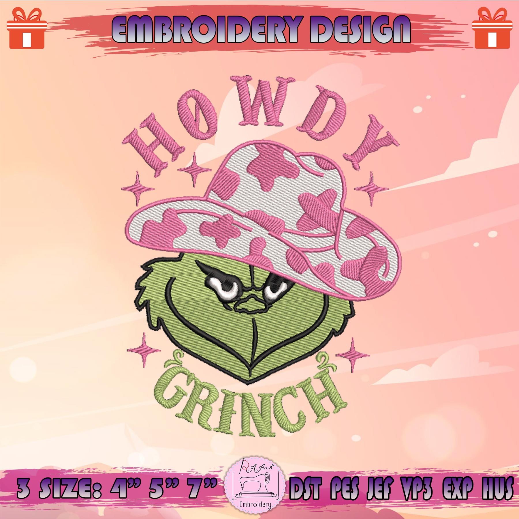 Howdy Grinch Embroidery Design, Pink Grinch Face Embroidery, | Inspire ...