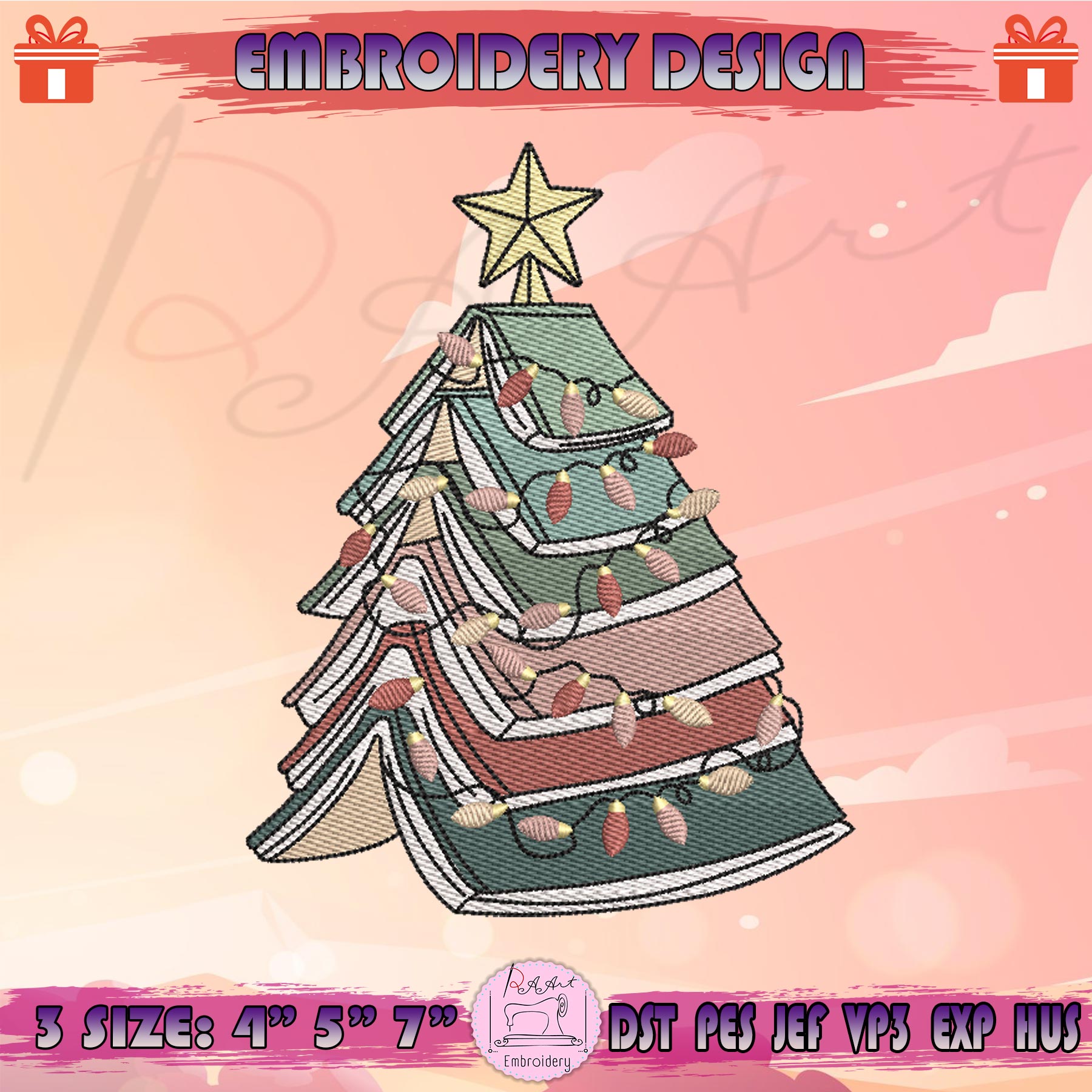 Christmas Book Tree Embroidery Design, Bookworm Christmas Em | Inspire ...