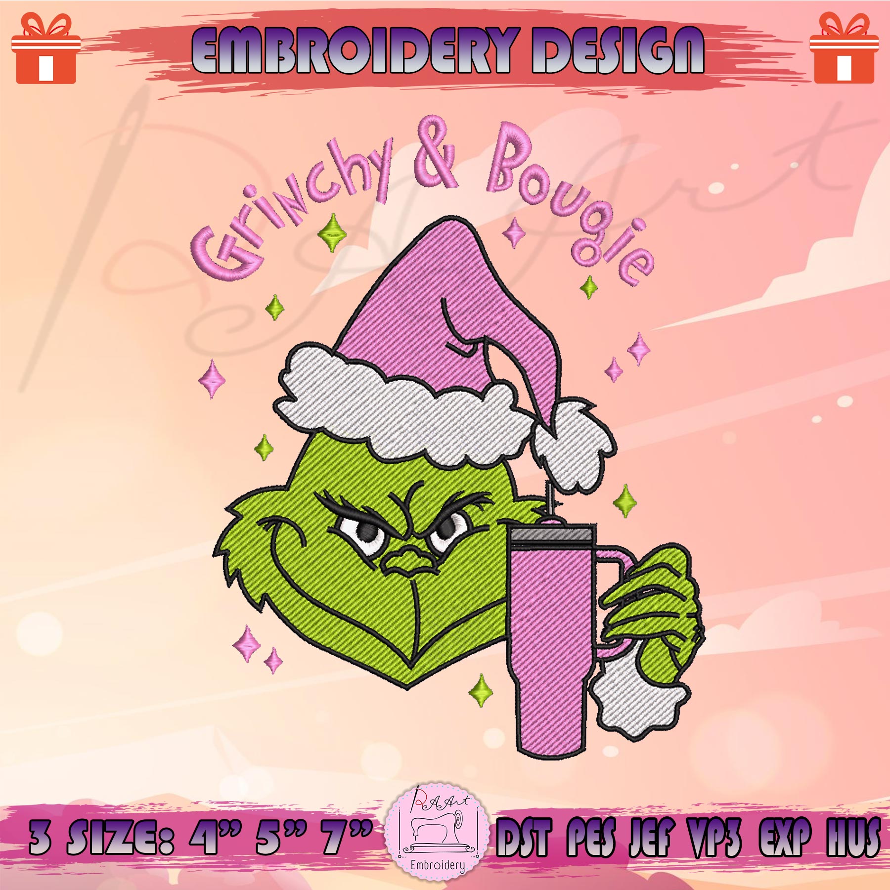 Grinchy And Bougie Embroidery Design, Pink Grinch Face Embro | Inspire ...