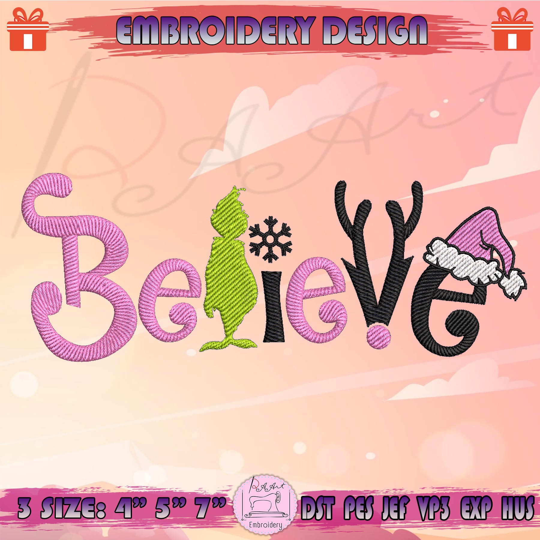Grinch Believe Embroidery Design, Pink Grinch Embroidery, Gr - Inspire ...