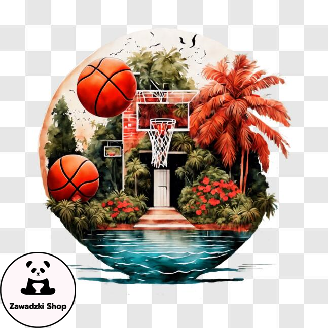 Scenic Basketball Court with Palm Trees and Pool PNG Design | Inspire ...