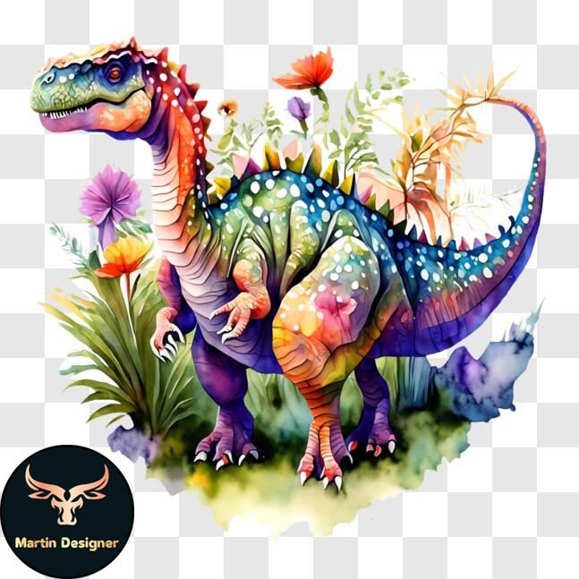 Colorful Dinosaur Standing Among Flowers and Plants PNG Desi - Inspire ...