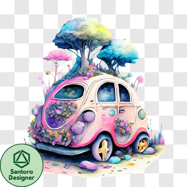 Colorful Car Art Piece with Nature Elements PNG Design 175 - Inspire Uplift