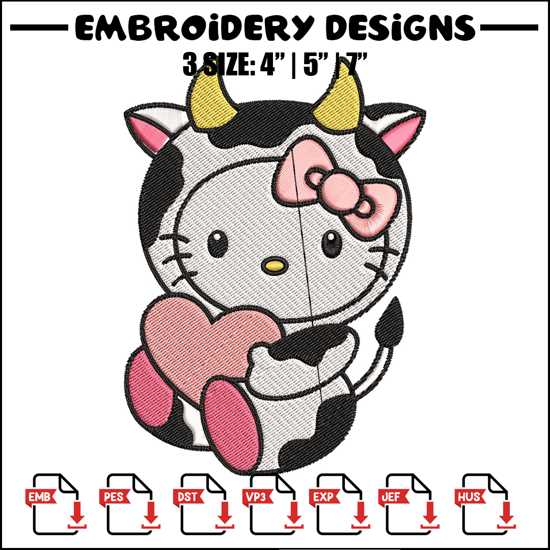 Cow Hello Kitty With Heart Embroidery Design, Hello Kitty Em - Inspire ...