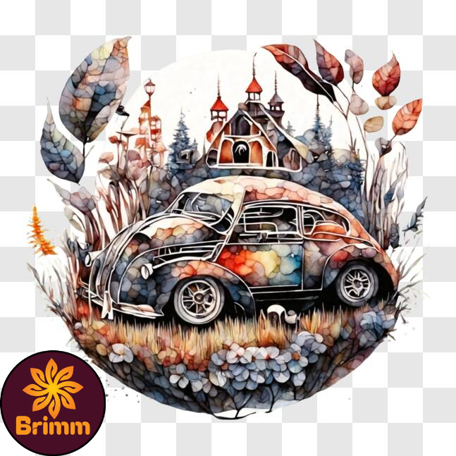 Rustic Watercolor Painting of an Old VW Beetle PNG | Inspire Uplift