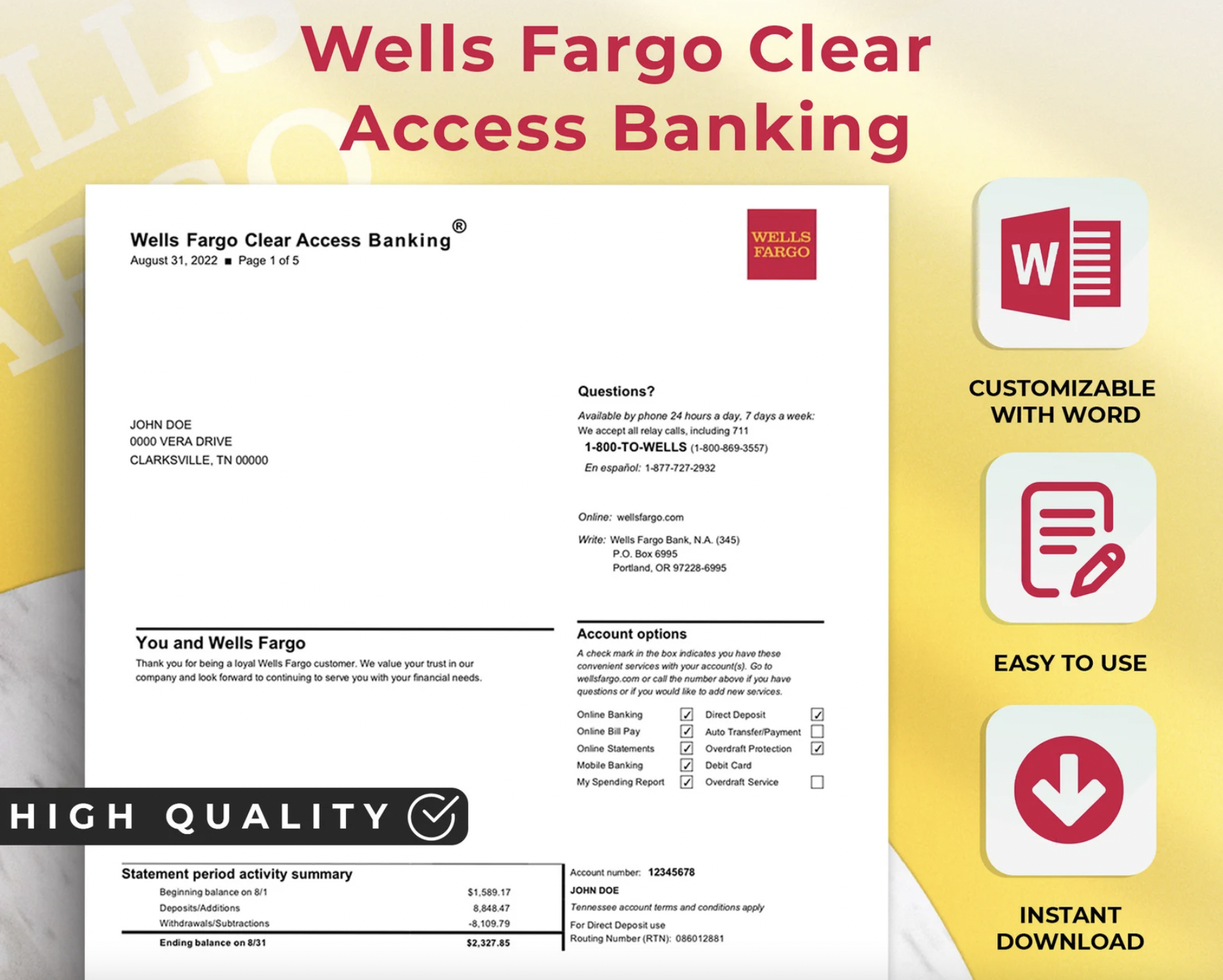 Editable Wells Fargo Bank Personal Checking Statement Templa | Inspire ...