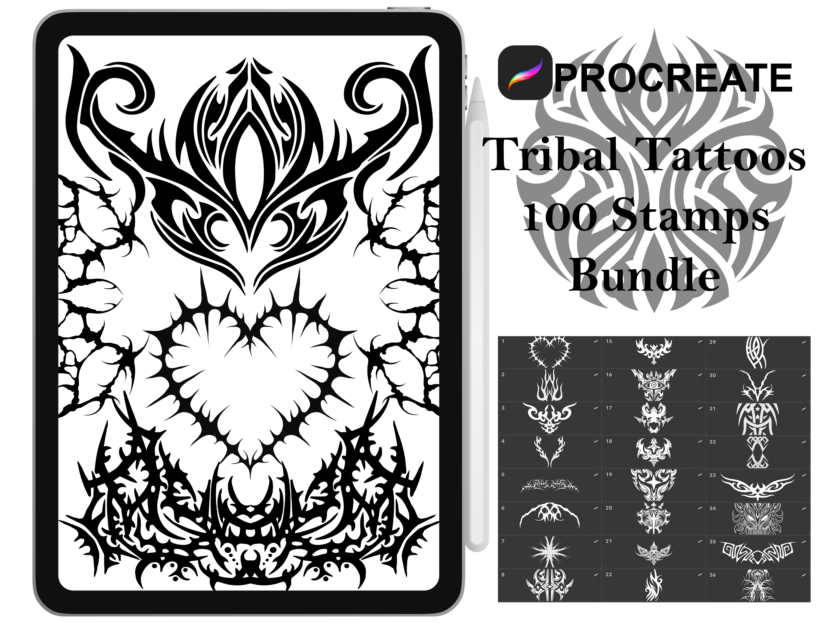 Procreate - 100 Tribal Tattoo Stamps, Hand drawn and digitiz | Inspire ...