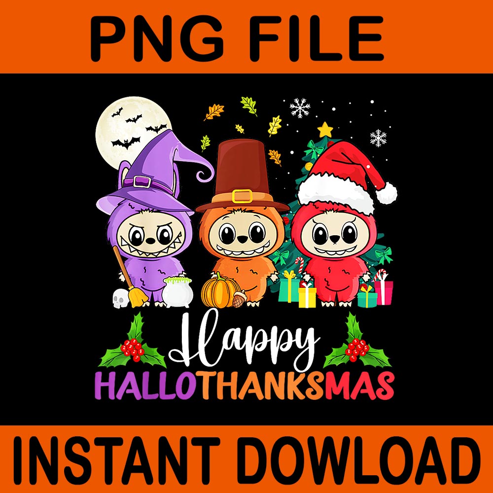 Happy Hallothanksmas Labubu Halloween Fall Christmas PNG | Inspire Uplift