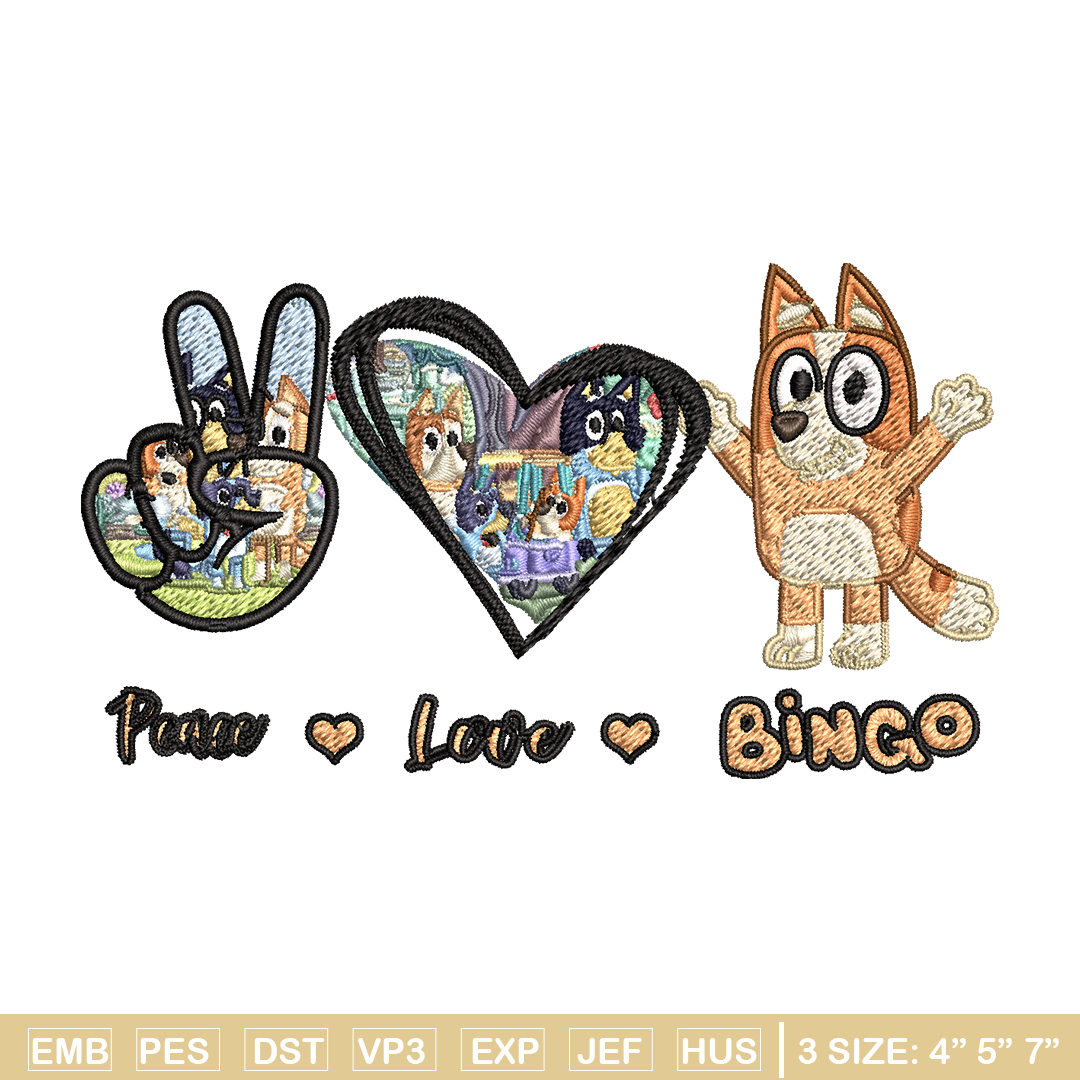 Bluey Peace Love bandit Embroidery design, Bluey cartoon Emb | Inspire ...