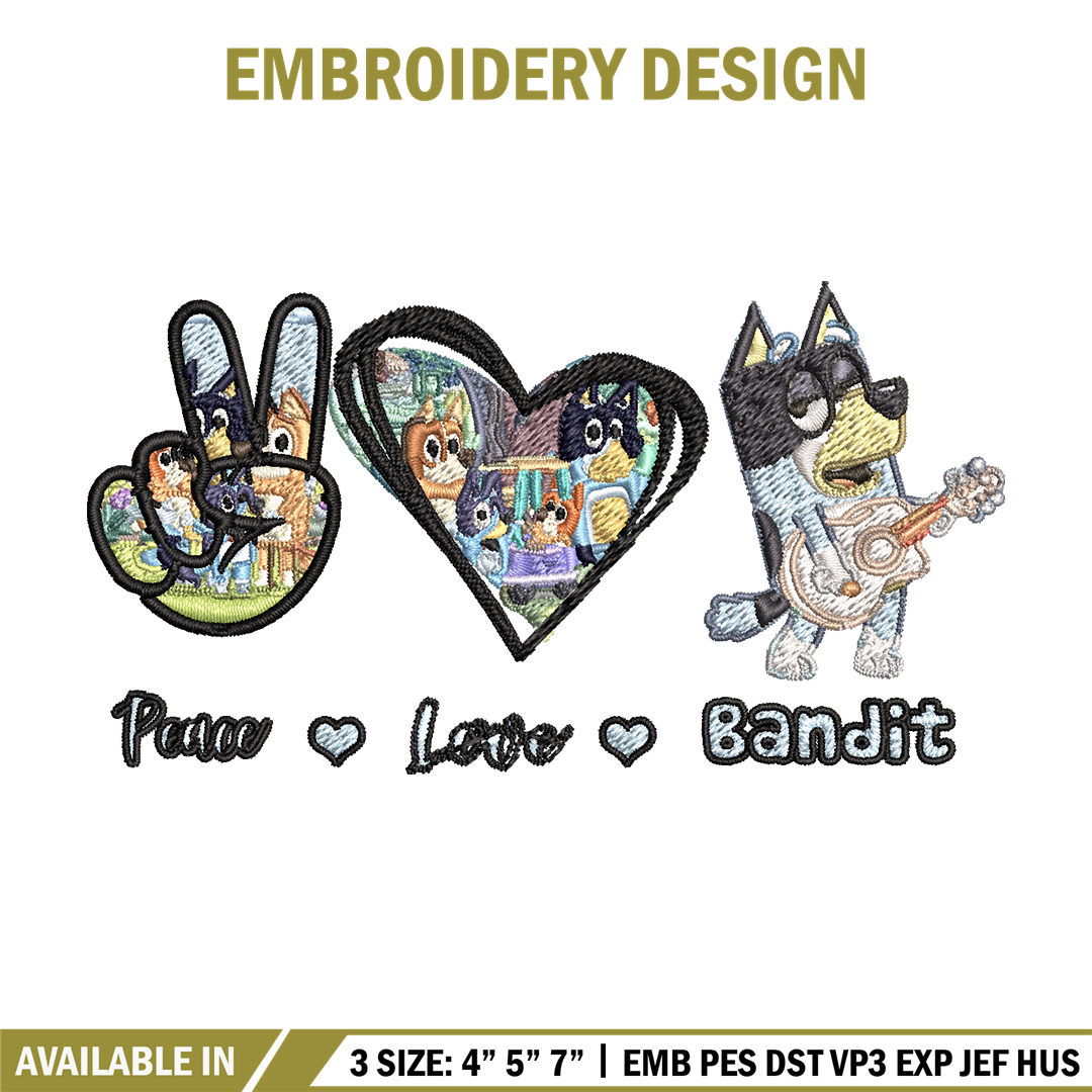 Bluey Peace Love bandit Embroidery design, Bluey cartoon Emb | Inspire ...