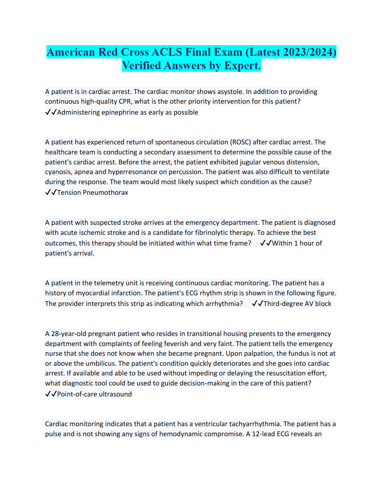 American Red Cross ACLS Final Exam (Latest 2023/2024) Verifi | Inspire ...