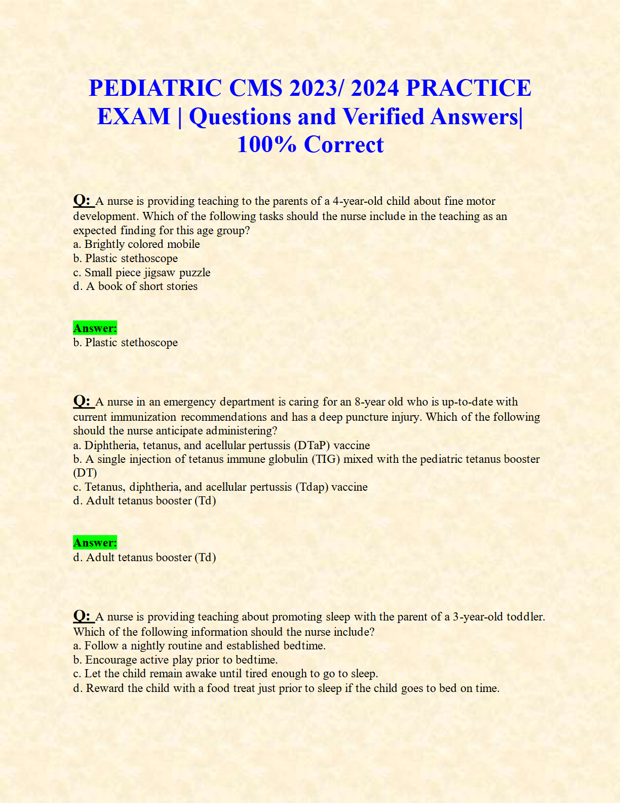 PEDIATRIC CMS 2023/ 2024 PRACTICE EXAM | Questions and Verif | Inspire Uplift