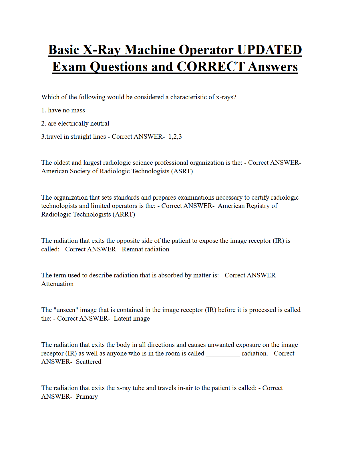 Basic X-Ray Machine Operator UPDATED Exam Questions and CORR | Inspire ...