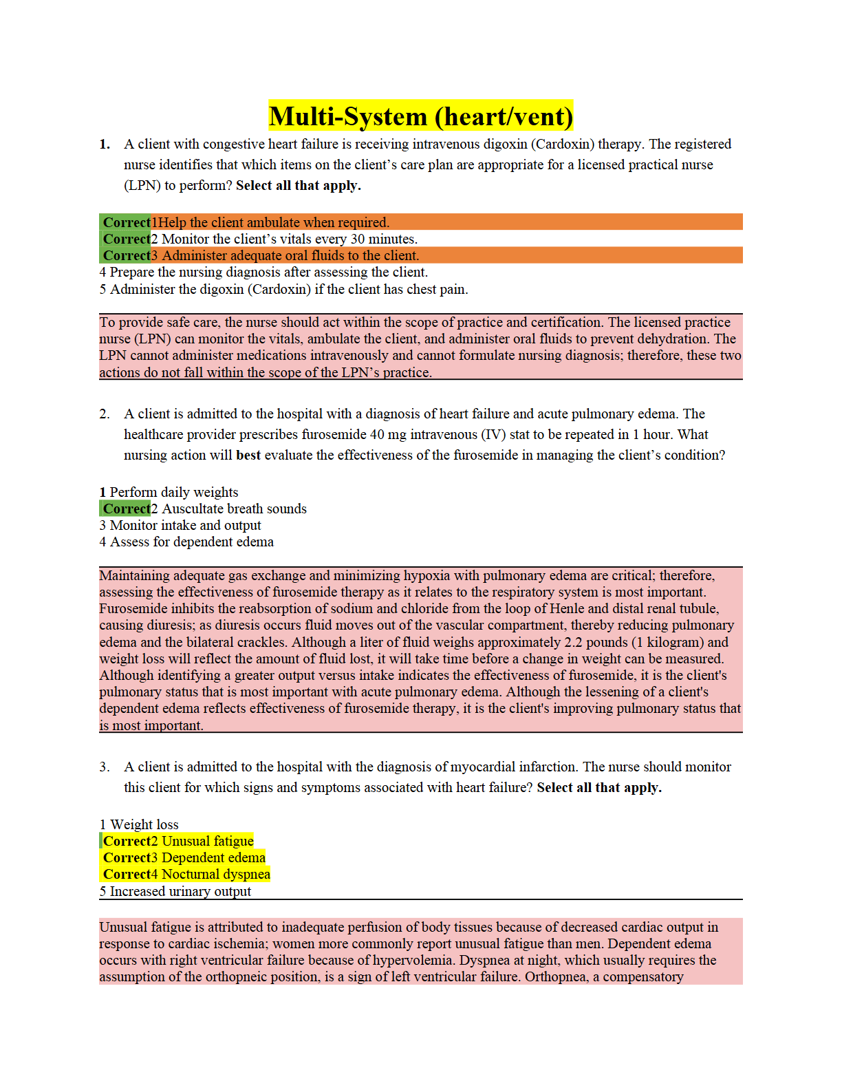 Multi-System (heart/vent) Questions and Answers-Miami Dade C | Inspire ...
