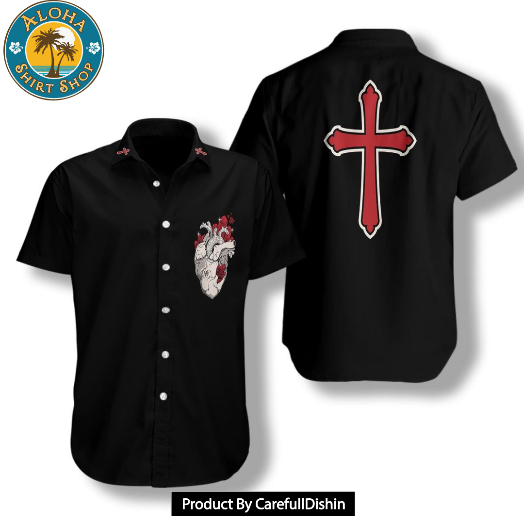 NEW Cross With Styled Heart Goth Hawaiian Shirt - Inspire Uplift