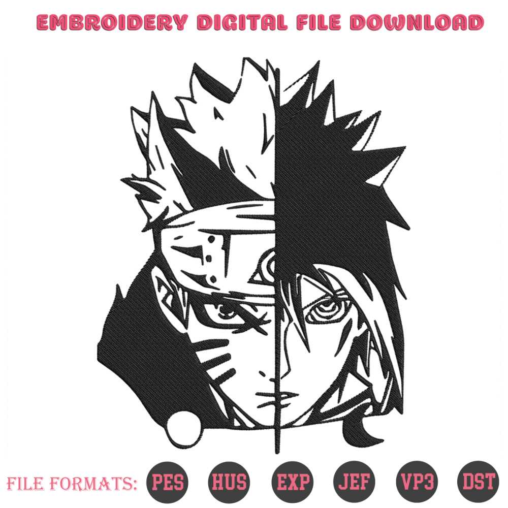 Naruto And Sasuke Half Face Embroidery Designs File | Inspire Uplift