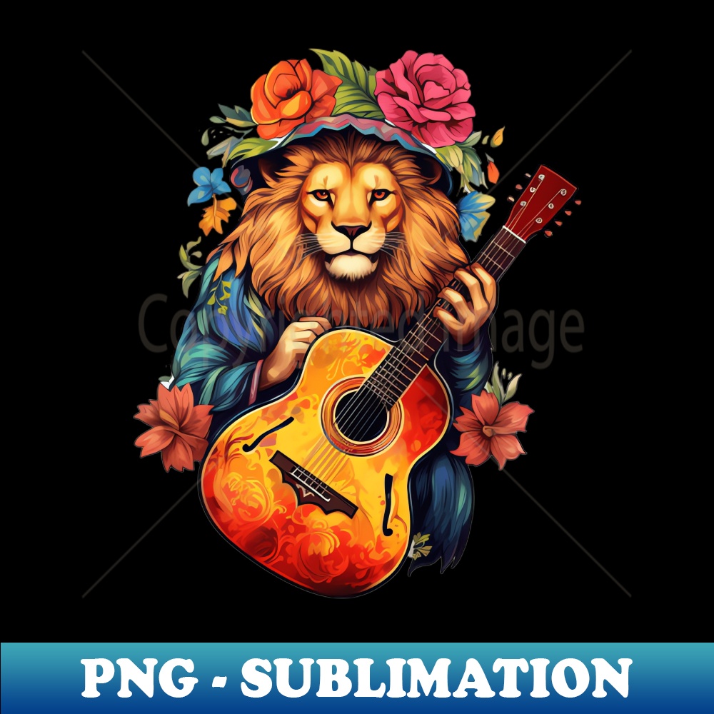 Cottagecore Aesthetic Lion Playing Guitar Floral - Retro PNG | Inspire ...