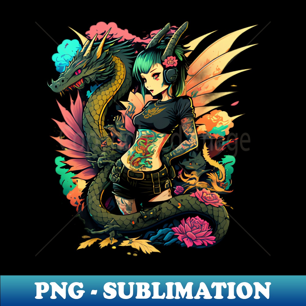 Retro Tattoo Cute Dragon Girl - Vintage Sublimation PNG Down | Inspire ...