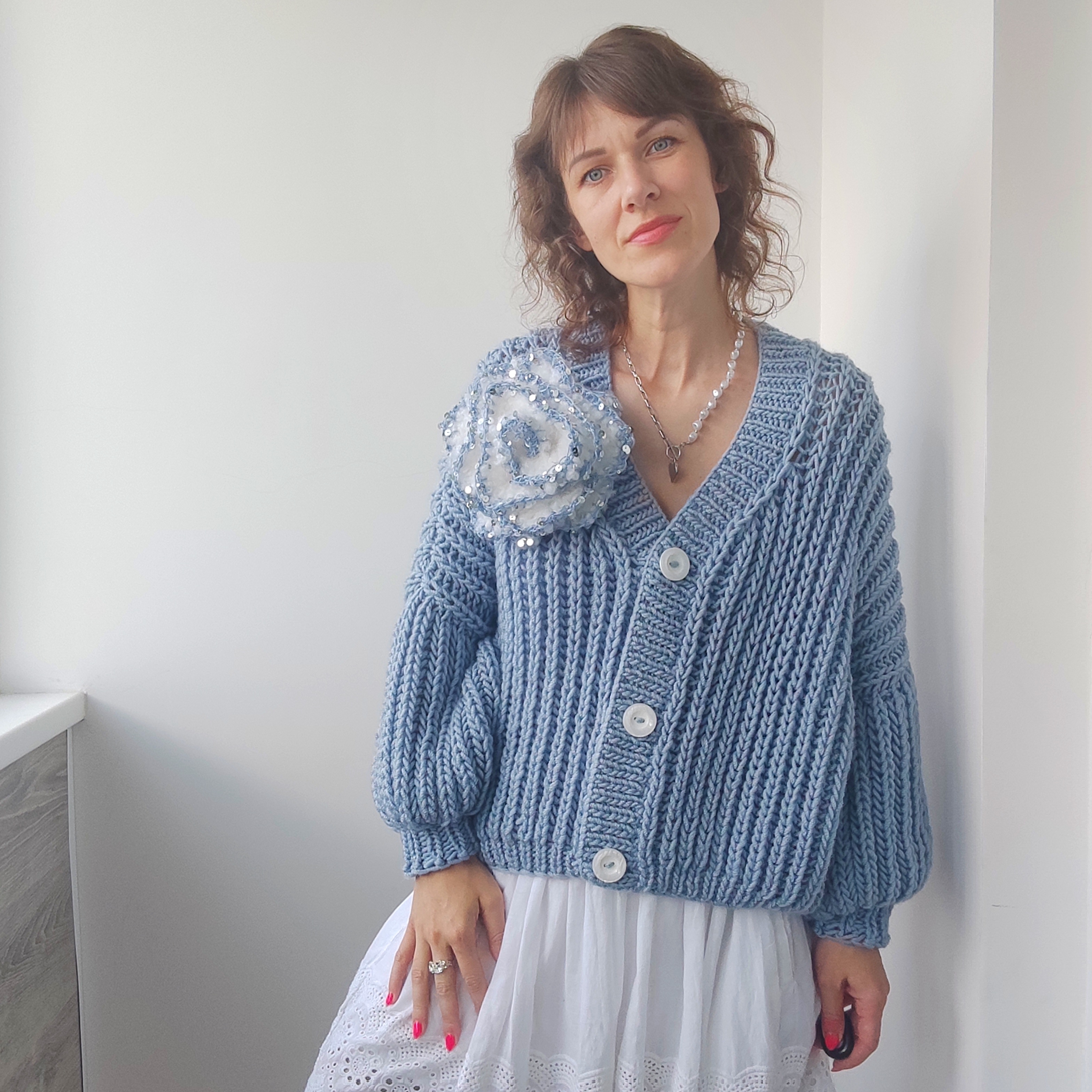 Handmade Chunky Blue Cardigan with Big Flower - Unique, Cozy | Inspire ...