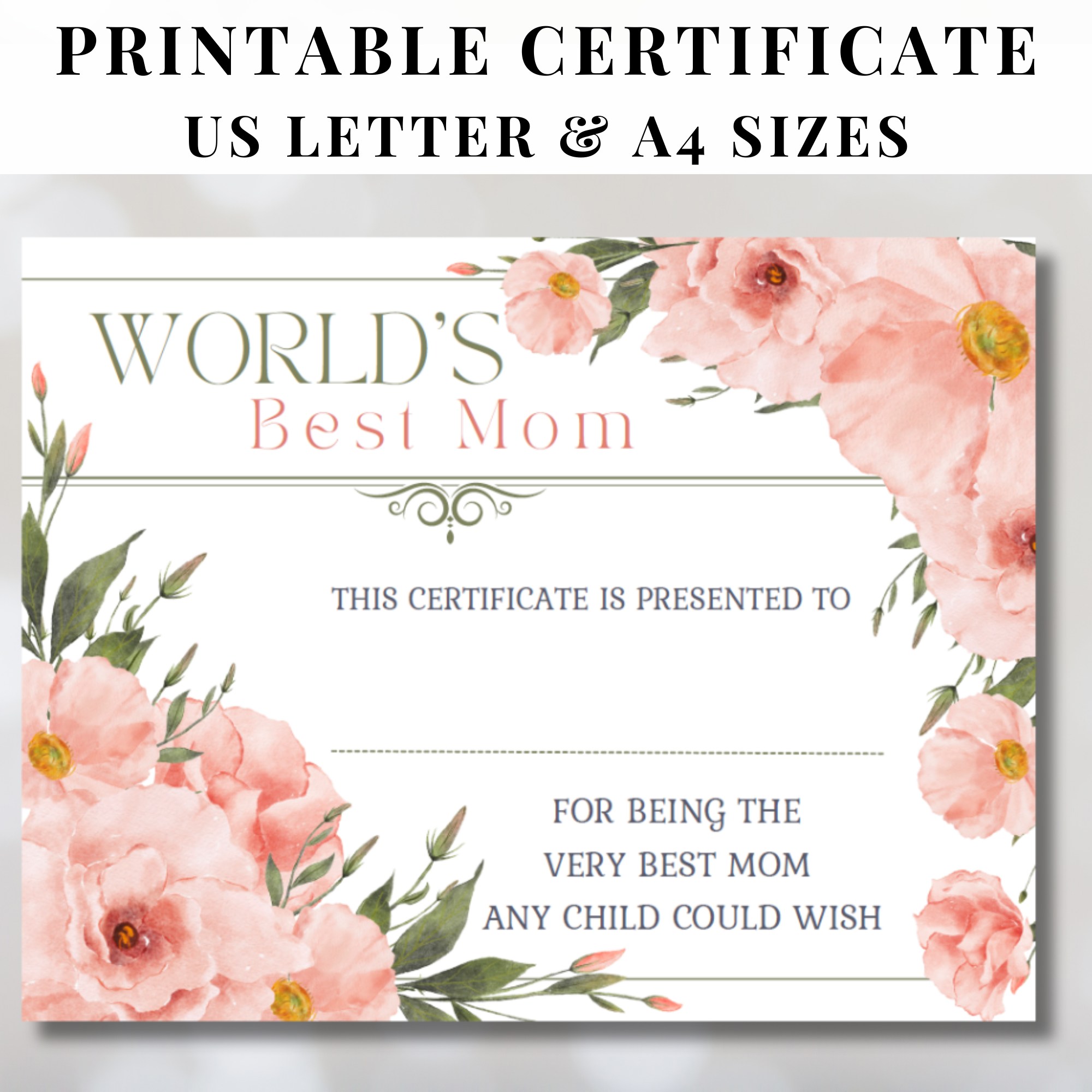 Worlds Best Mom Certificate with Pink Flowers, Printable Bes - Inspire ...