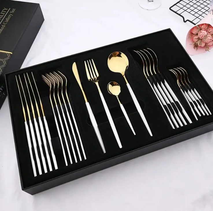 24 Pcs Premium Stainless Steel Dining Cutlery Set Golden Bla | Inspire ...