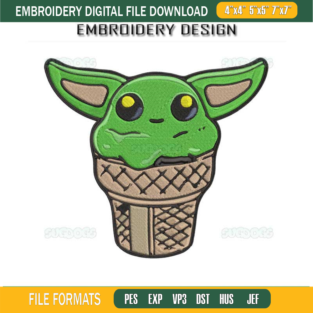 Cute Ice Cream Green Baby Yoda Embroidery Design File, Baby | Inspire ...