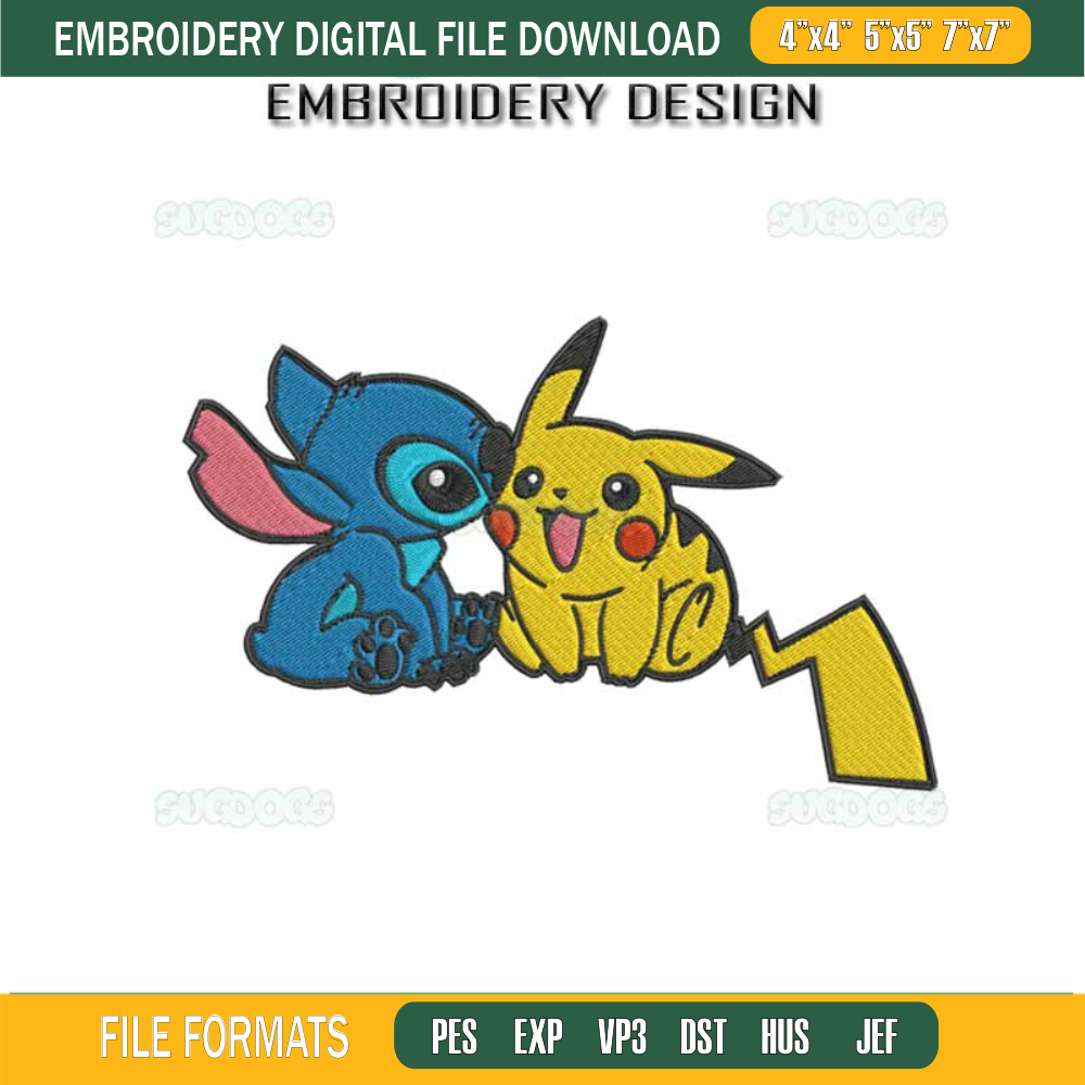 Stitch Kiss Pikachu Embroidery Design File, Stitch Embroider | Inspire ...
