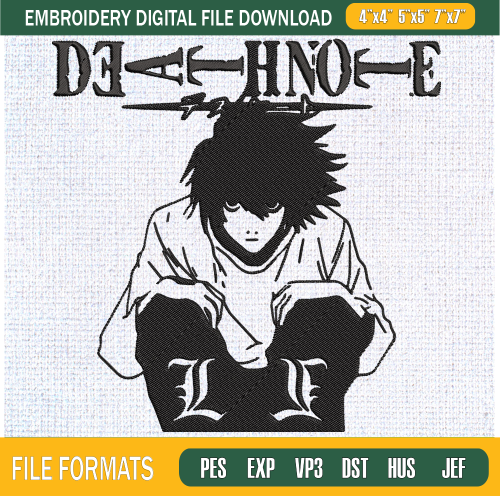 L Lawliet Embroidery Designs, Death Note Machine Embroidery | Inspire ...
