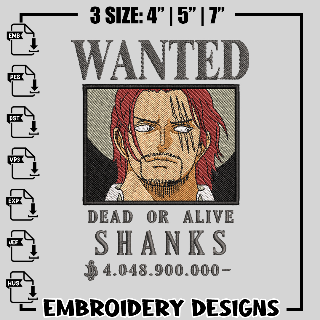 Bounty Shanks embroidery design, One Piece embroidery, anime | Inspire ...