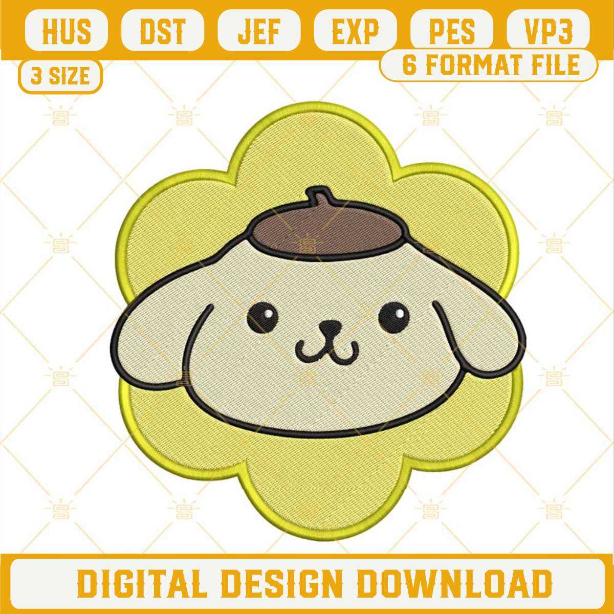 Pompompurin Face Flower Embroidery Designs, Cute Sanrio Dog | Inspire ...