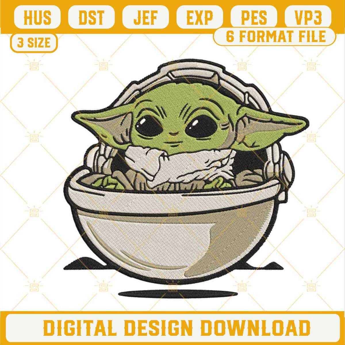 Baby Yoda On Floating Carrier Embroidery Designs, Grogu Star | Inspire ...
