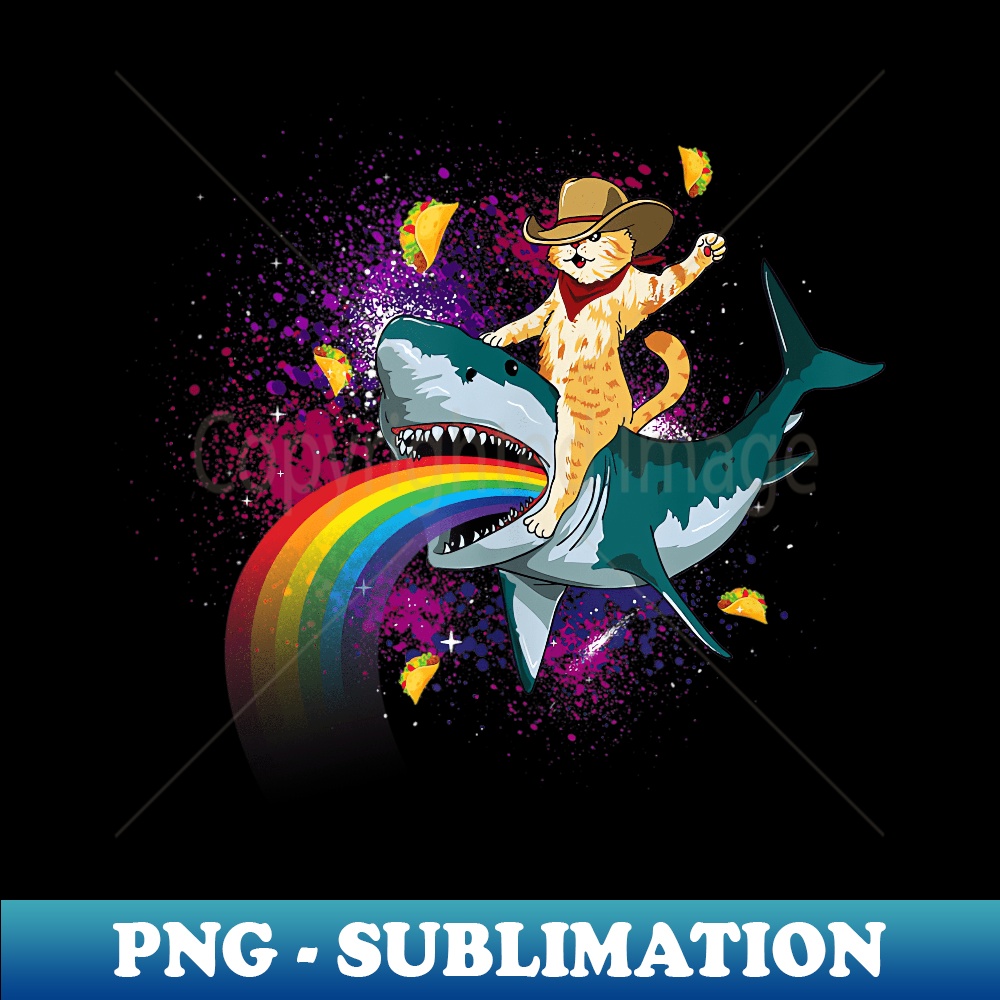Western Cowboy Cat Riding A Shark In Taco Space Rainbow - Ae | Inspire ...